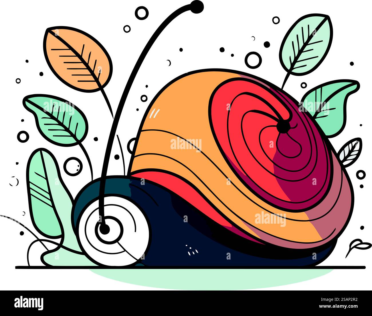 Snail with leaves. Hand drawn vector illustration in doodle style Stock ...