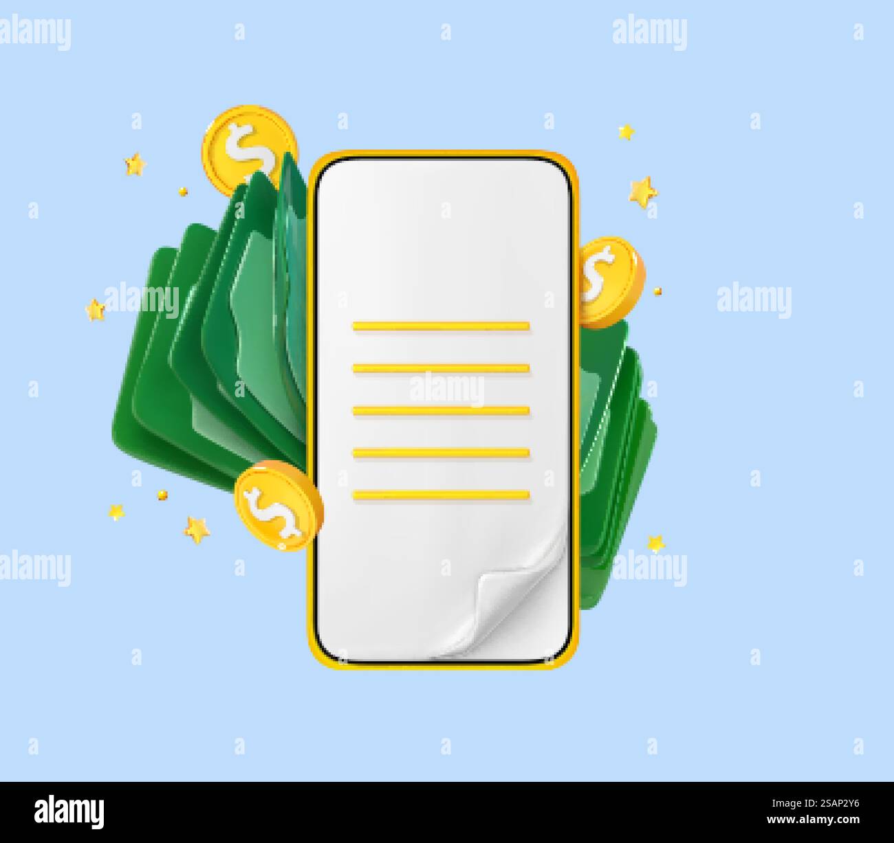 3D cartoon smartphone with coins and dollar bills. Online payment ...