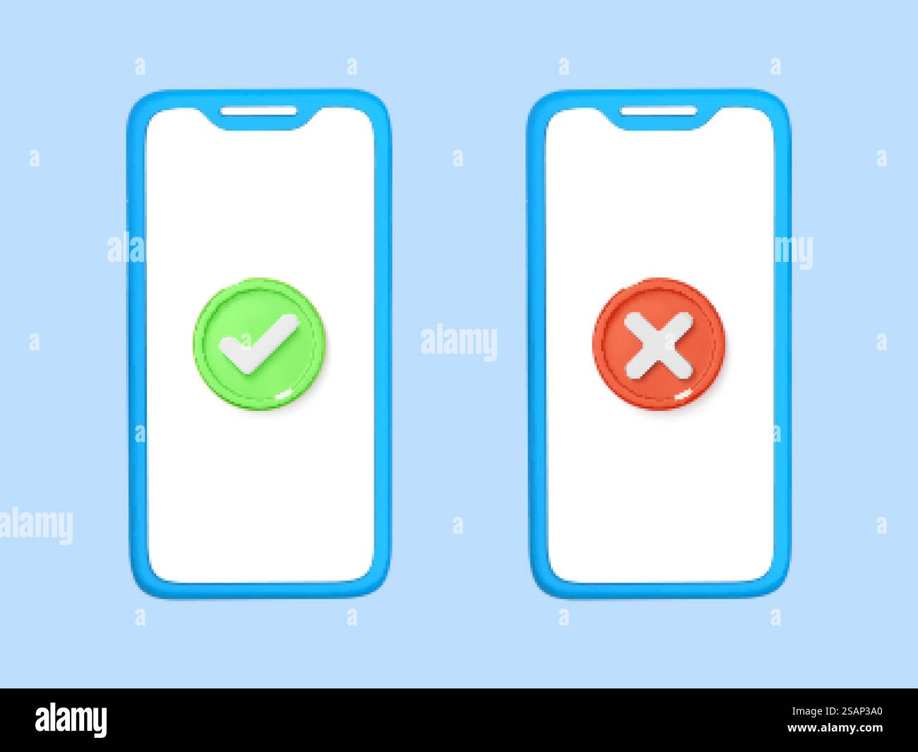 Check mark and cross icon symbol on smartphone screen. Green tick and red cross check marks ...