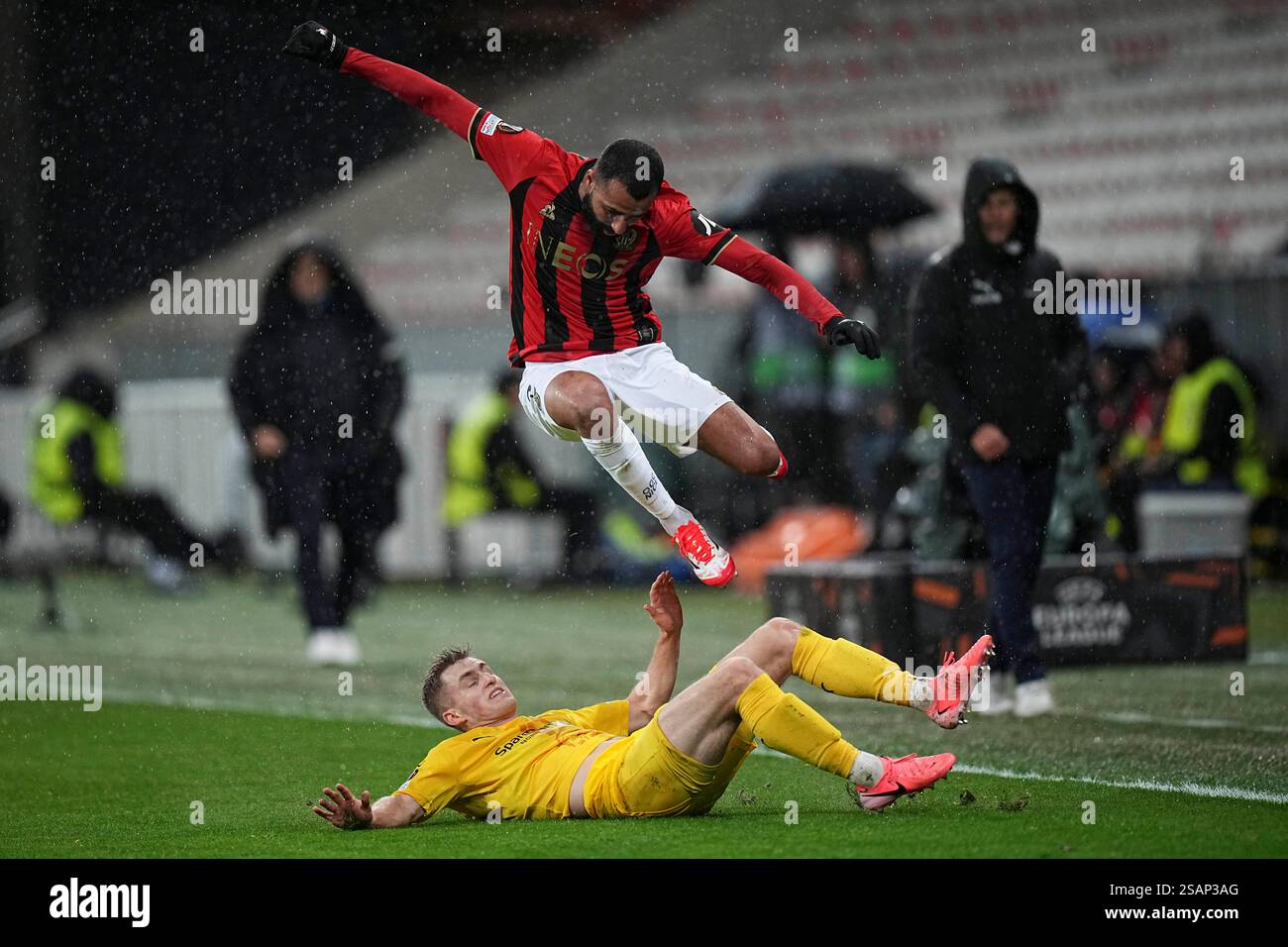 Nice's Ali Abdi, top, Glimt's Fredrik Sjovold vie for the ball during ...