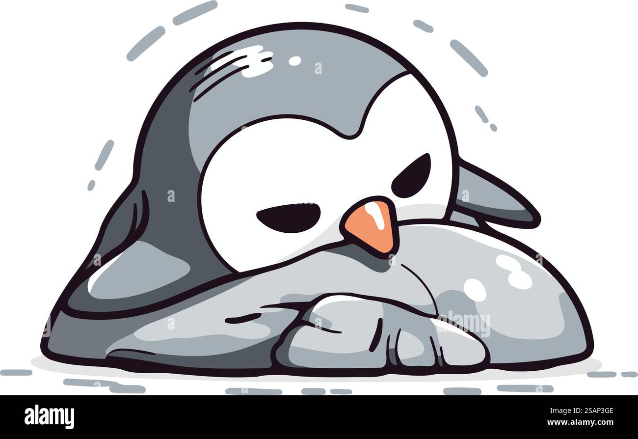 Cute penguin sleeping on the rock. Vector illustration isolated on ...