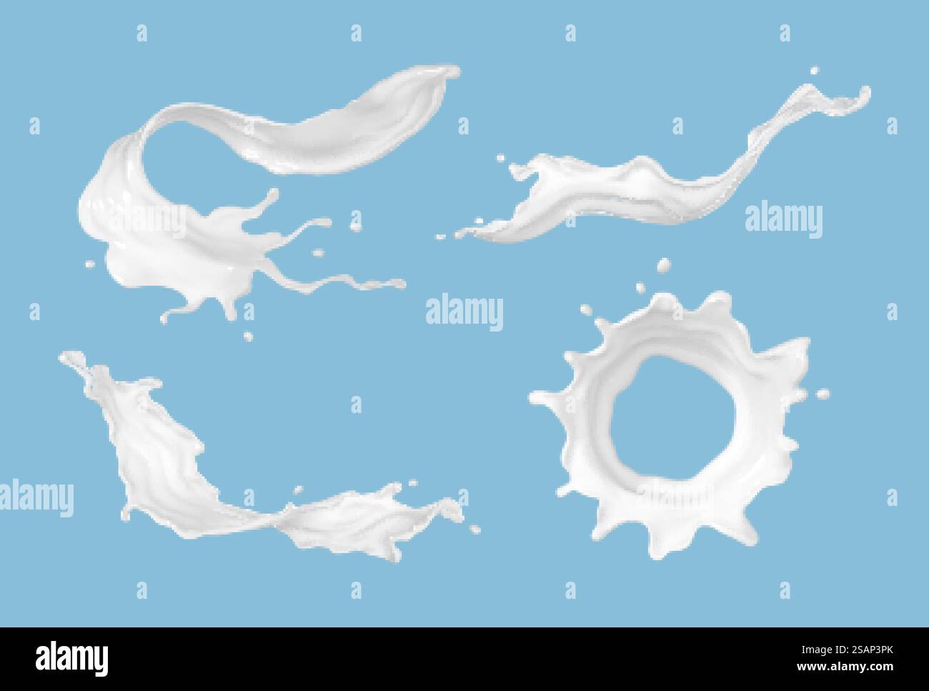 Set of realistic milk splashes of various shape with drops isolated on ...