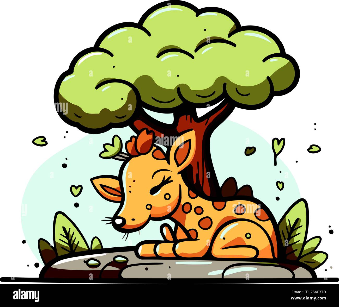 Cute giraffe sleeping under tree. Vector illustration in cartoon style ...