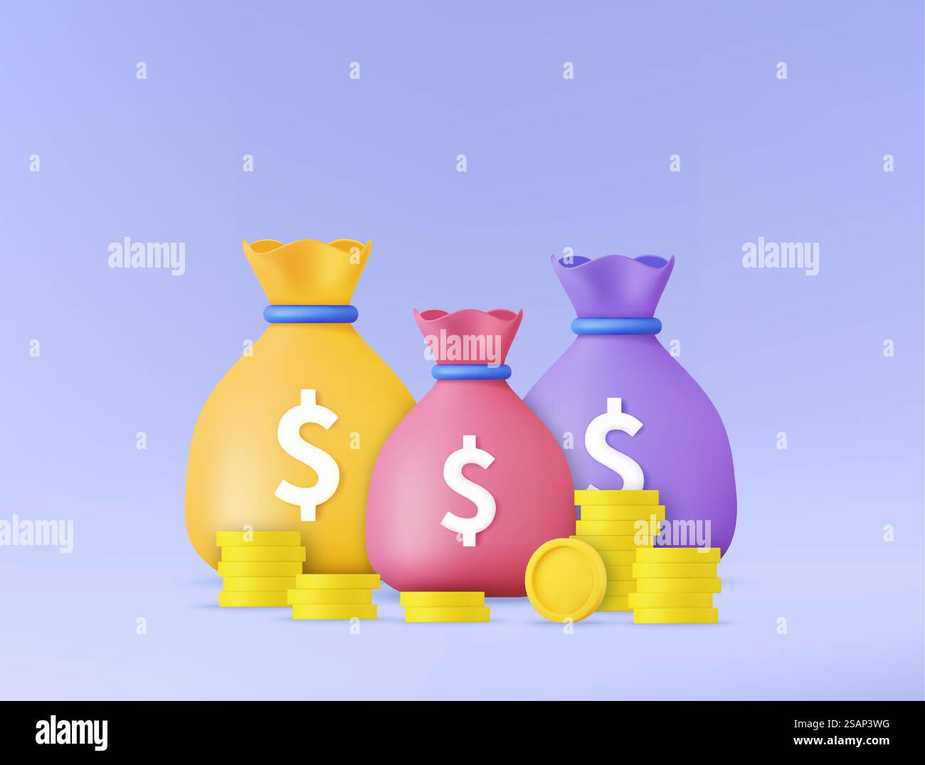 3d Money bags and stacks of golden coins. saving bank concept. 3d ...