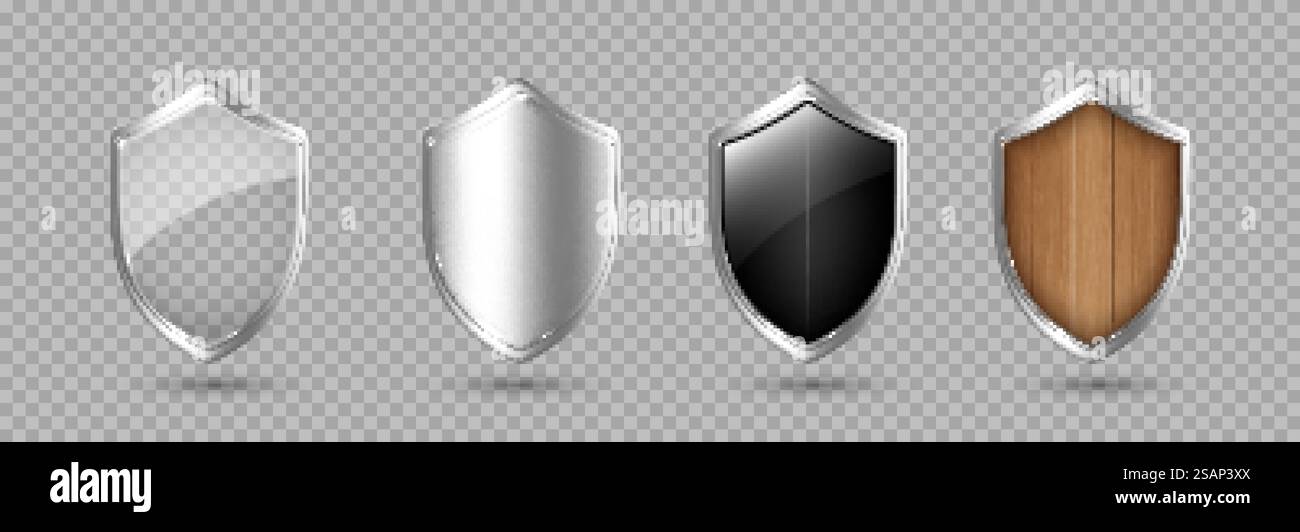 Set of 3D realistic metallic, wooden and transparent shields. Symbol of protection and security ...