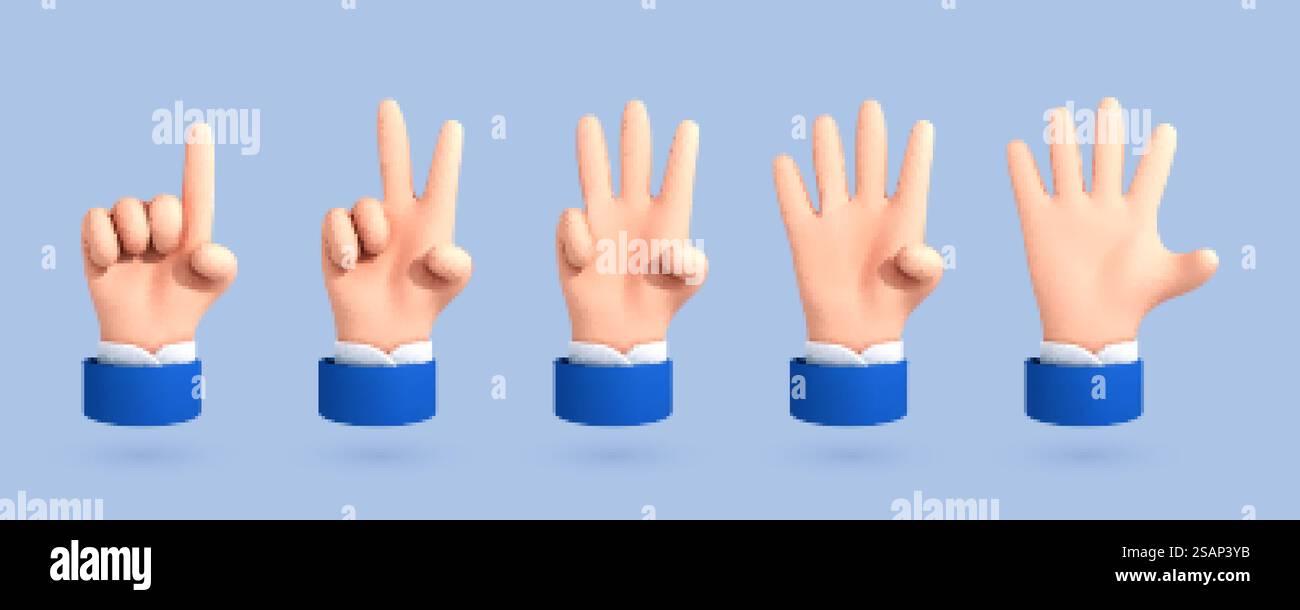 Vector cartoon hands shows fingers, counting from one to five isolated on blue background. 3D ...