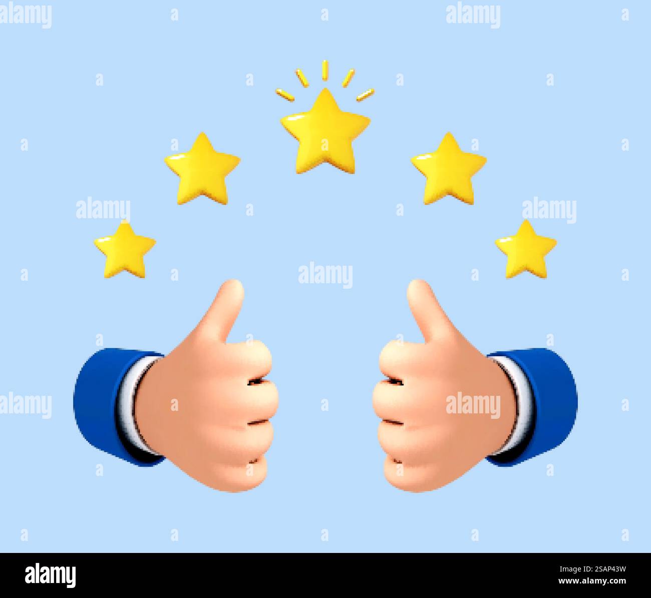 Two 3D cartoon hands show a gesture thumb up for success or good feedback. Five star rating ...