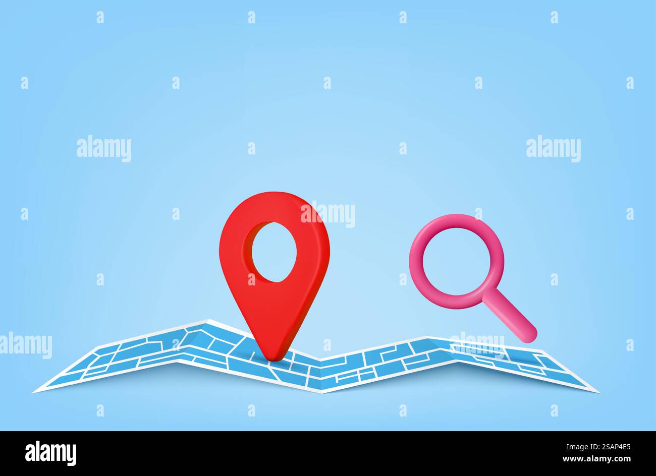 3d render pin pointer and Map location search GPS, travel navigation concept. Paper map, banner ...
