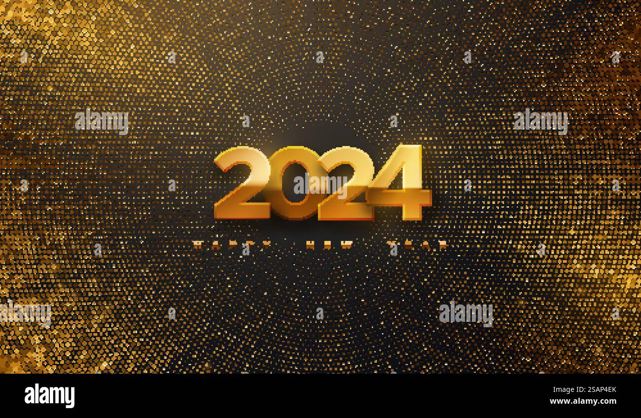 Happy New 2024 Year. Vector holiday illustration. Golden 2024 numbers on black background ...