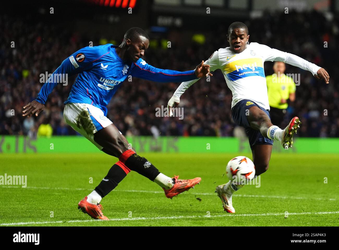 Rangers' Mohamed Diomande (left) in action during the UEFA Champions ...