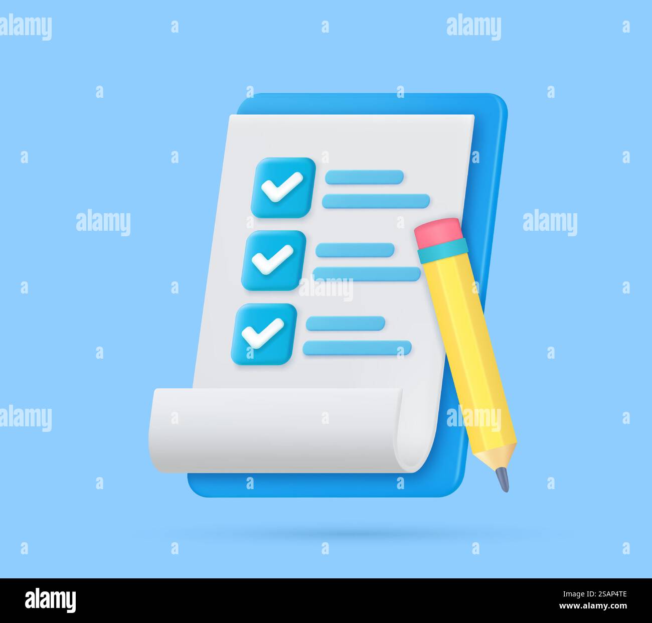 3d Checklist on clipboard paper with pencil, fast work on project plan ...