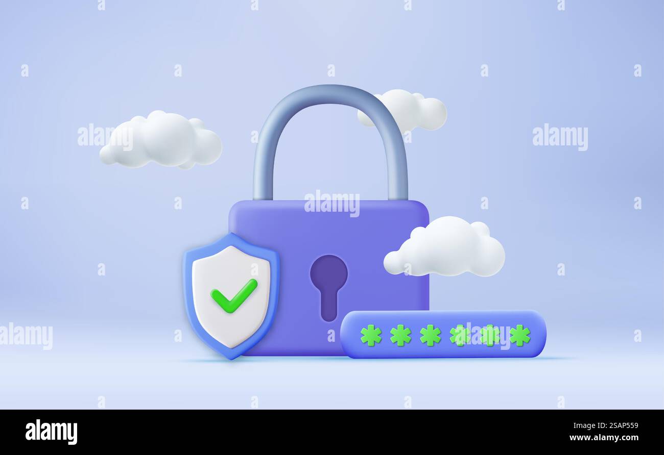 3d security shield lock check mark and cloud. cyber protection. 3d rendering. Password protected ...