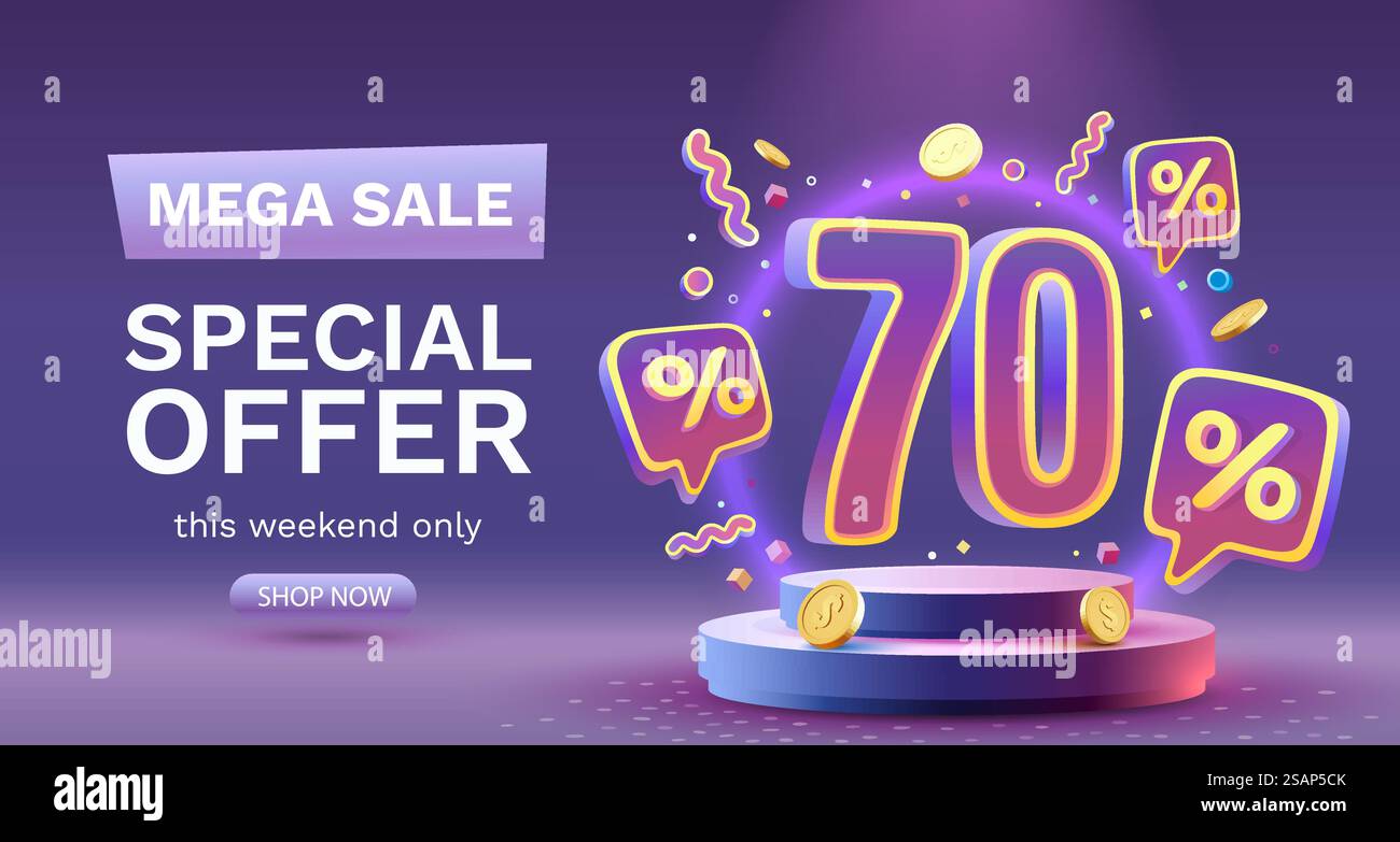 Save offer, 70 off sale banner. Sign board promotion. Vector. Save ...