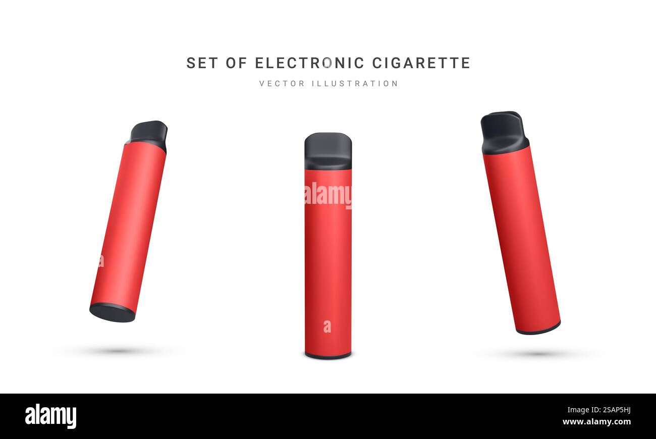 Set of 3d realistic disposable electronic cigarette isolated on white background. Modern smoking ...