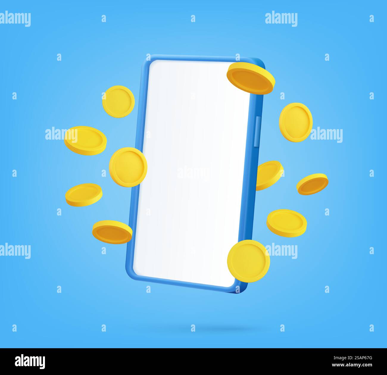 3d render gold coins flying next to phone. Mobile smart phone with gold ...