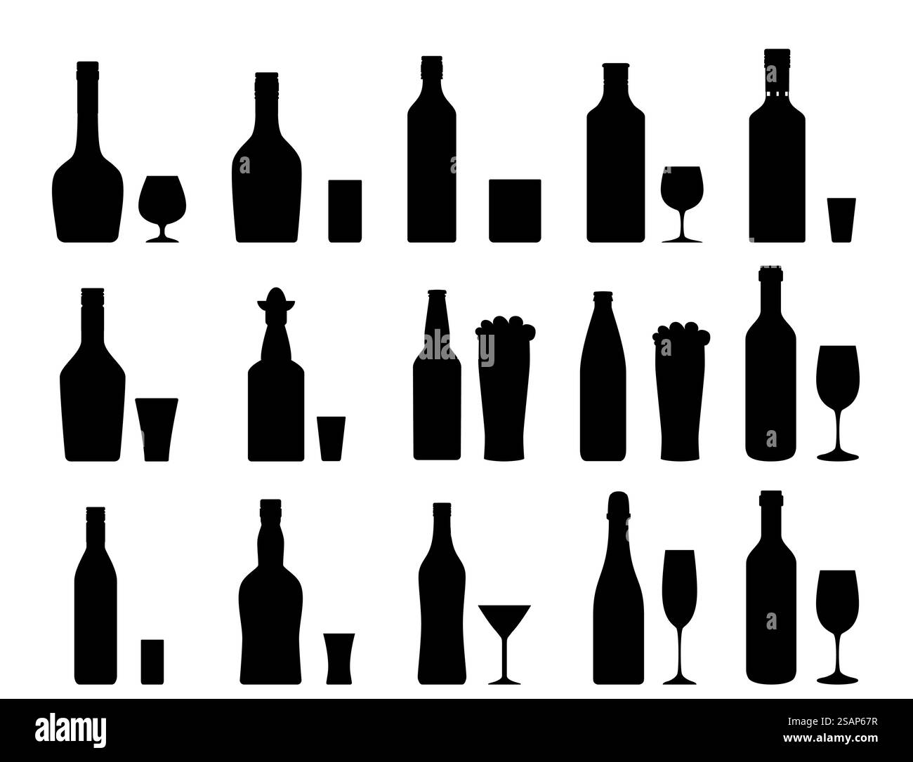 Alcohol drinks set silhouette. Bottles with glasses. Vodka champagne wine whiskey beer brandy ...
