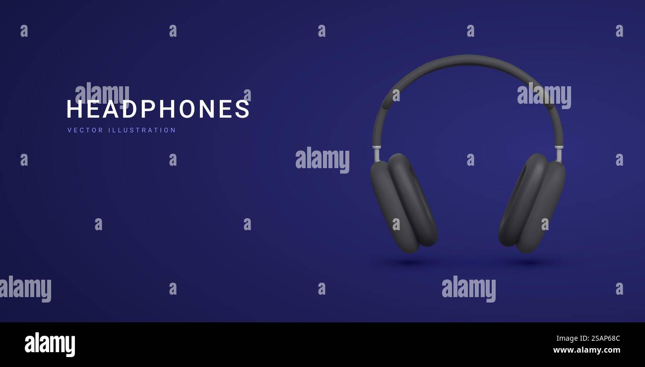 3d realistic black headphones isolated on dark background. Banner for ...