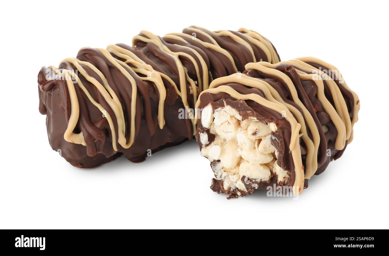 Delicious chocolate puffed rice bars isolated on white Stock Photo - Alamy