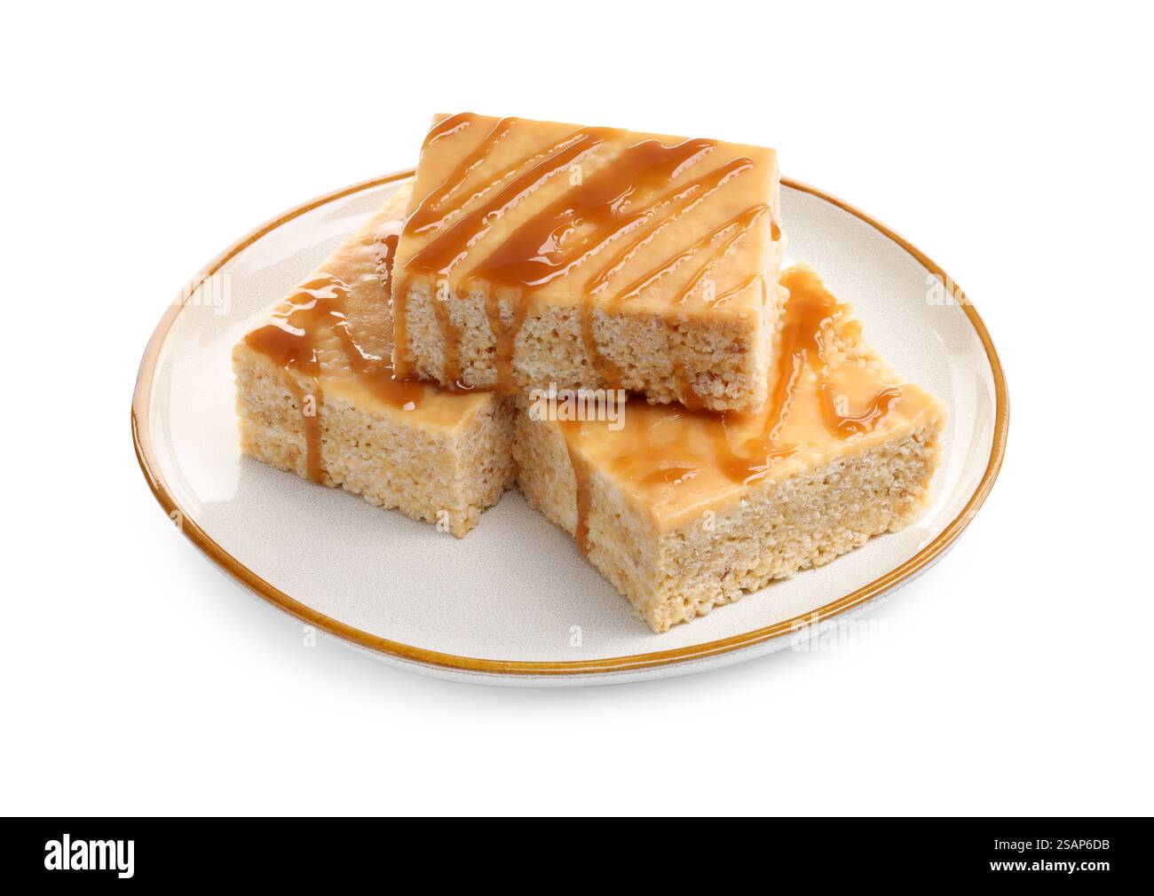 Delicious caramel puffed rice bars isolated on white Stock Photo - Alamy