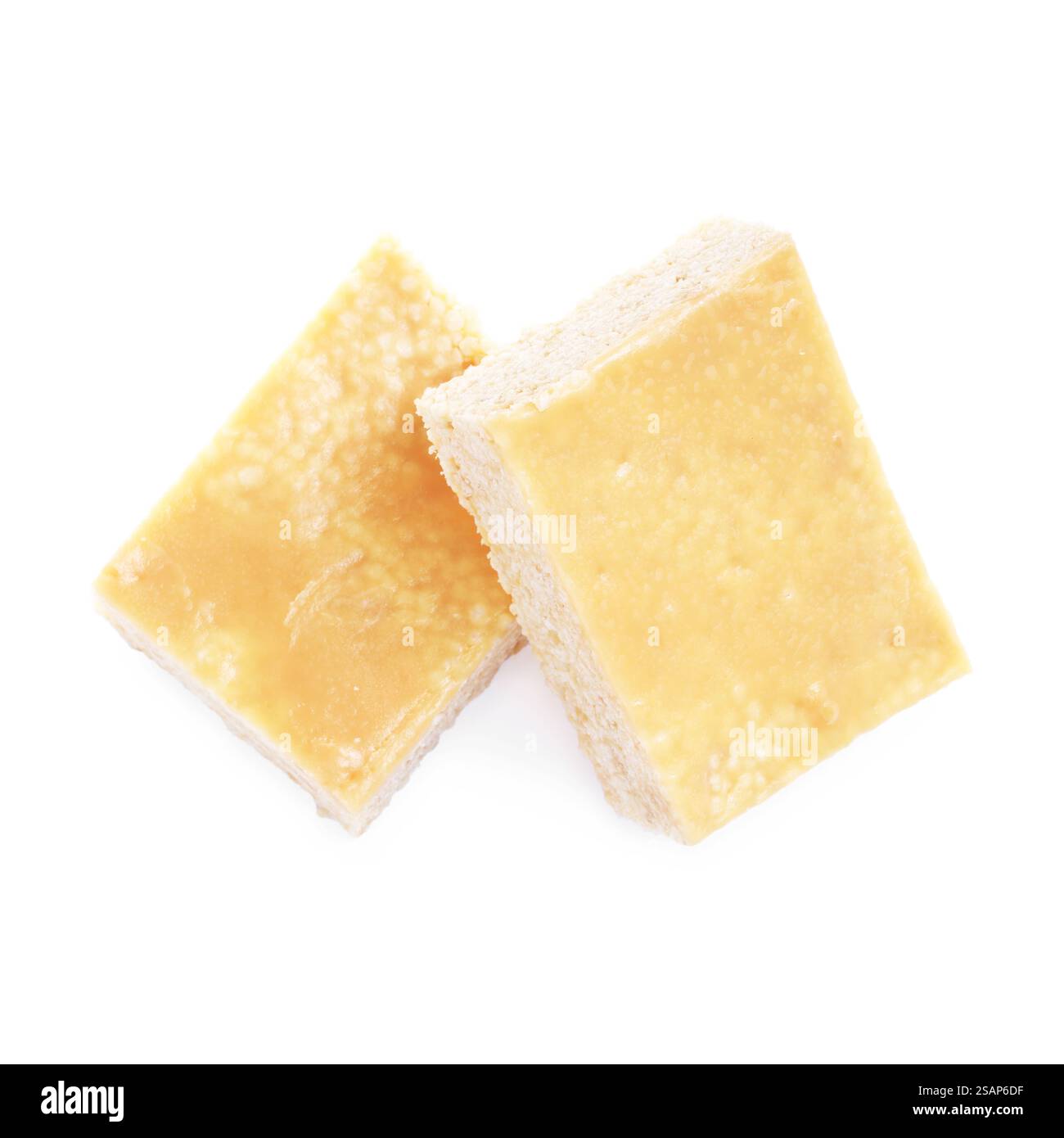 Delicious caramel puffed rice bars isolated on white, top view Stock ...