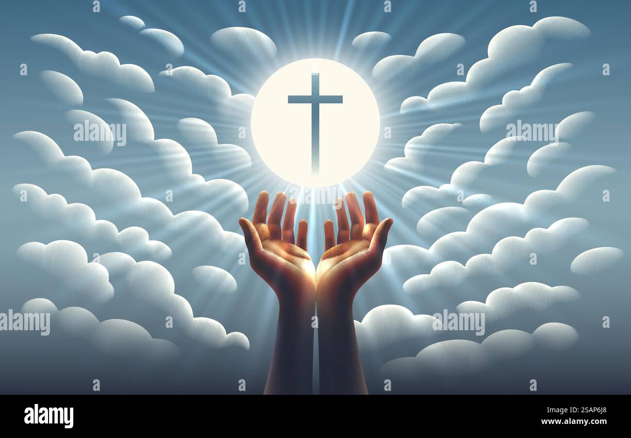Religious card, hands on sunset background, Christian cross. Vector ...