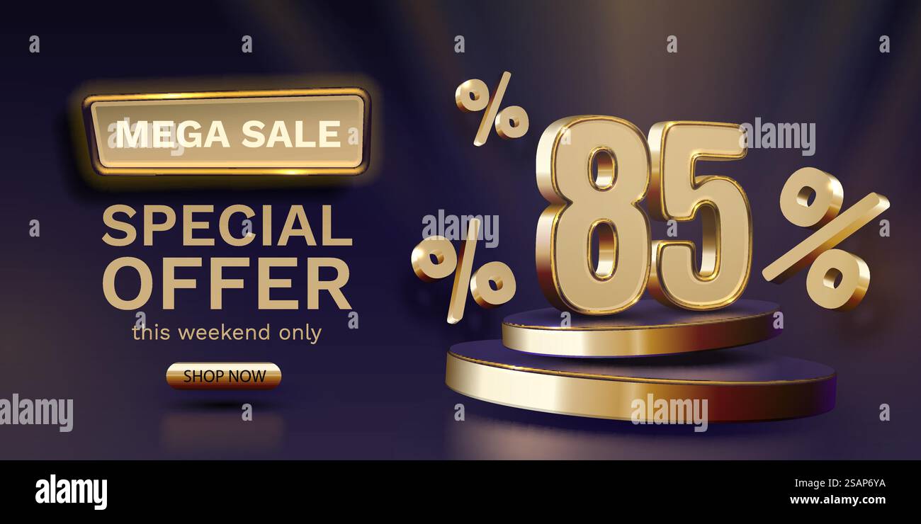Mega sale, 85 special offer banner. Golden sign board promotion. Vector ...