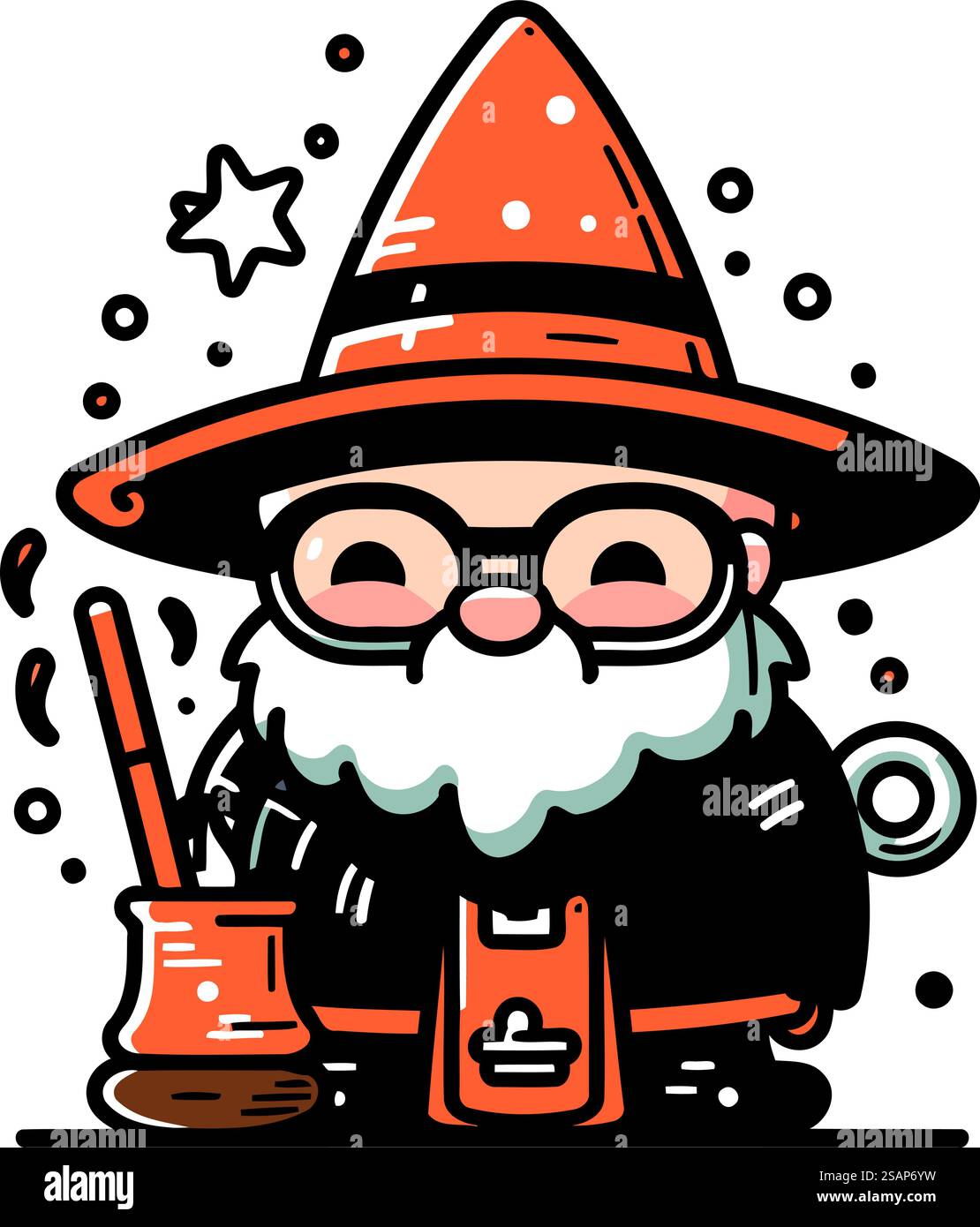 Cute cartoon wizard with a magic wand and pot. Vector illustration ...