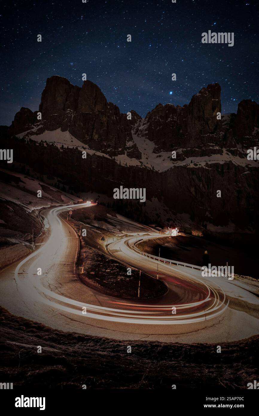 Light trails on Dolomites Pass Stock Photo - Alamy