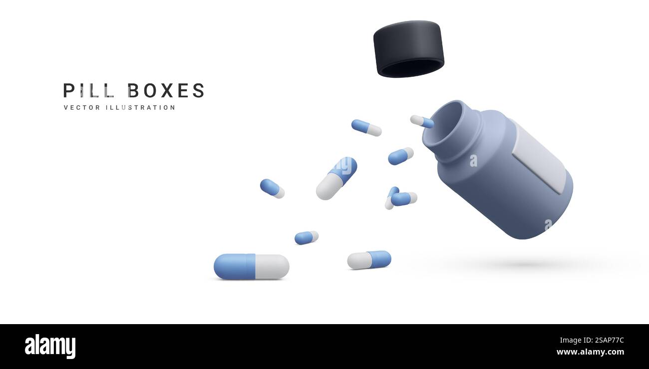 3d realistic pill bottle with flying treatment medication capsule pills ...