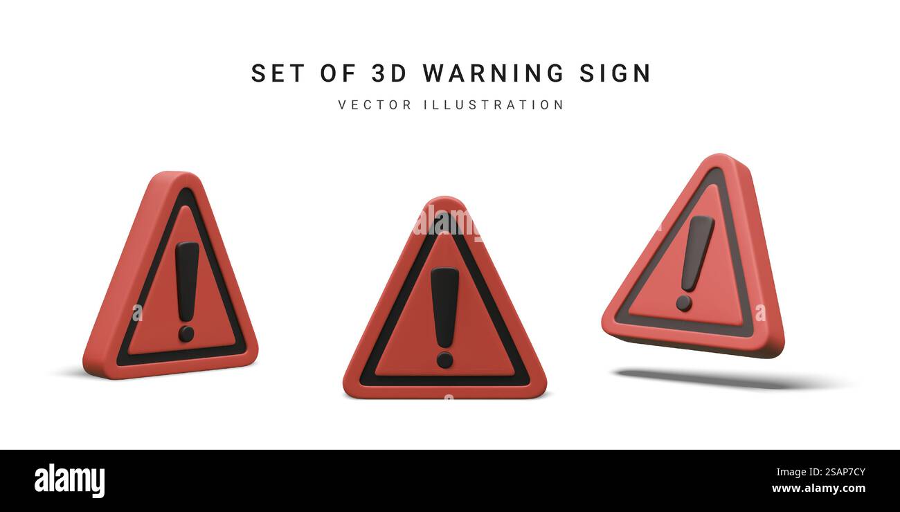 Set of 3d realistic triangle warning sign with exclamation mark ...