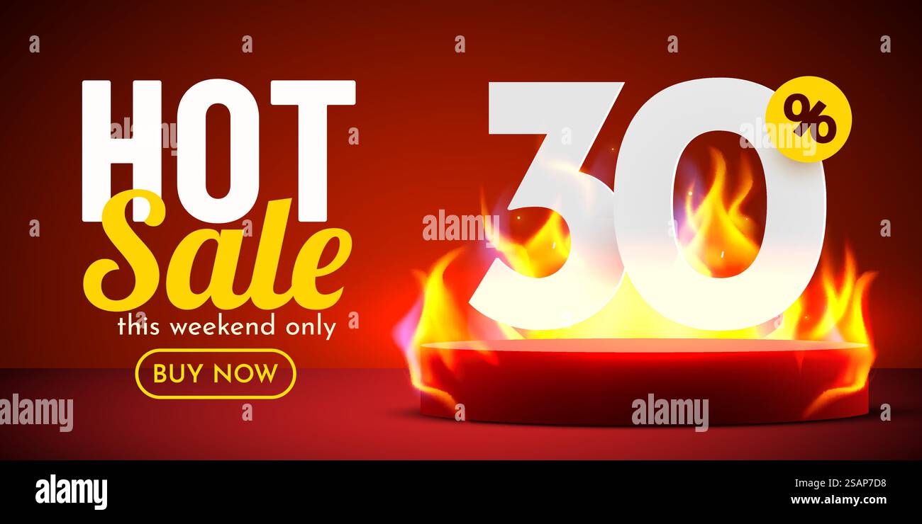 30 percent Off. Hot sale banner with burning numbers. Discount poster ...