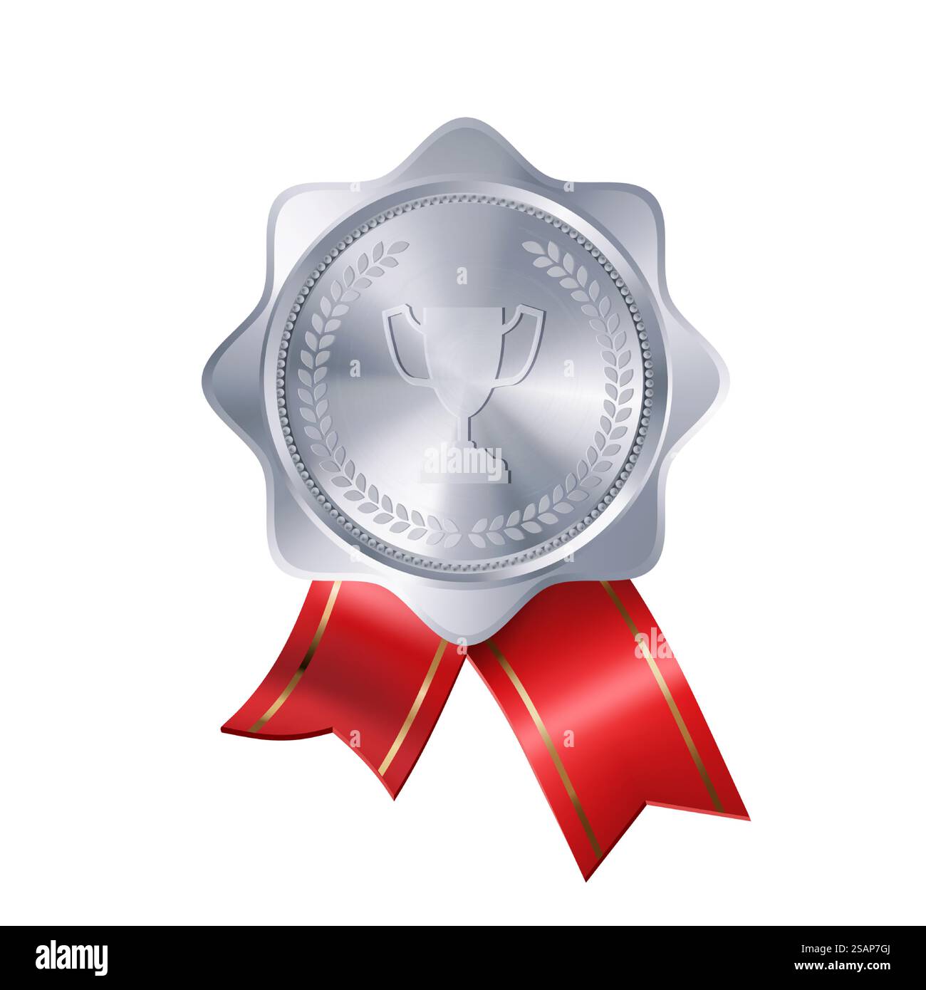 Realistic silver award medal with red ribbons and engraved winner’s cup ...