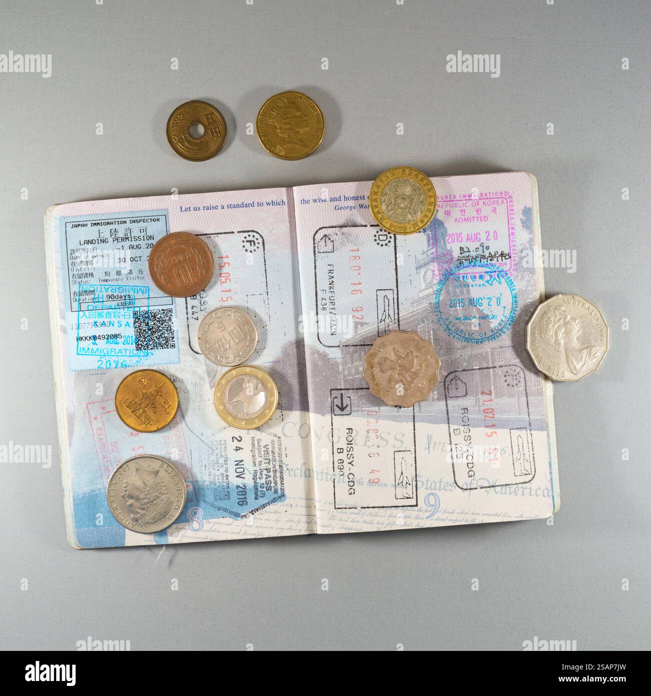 Multiple nations' money and passport page with visas and landing ...