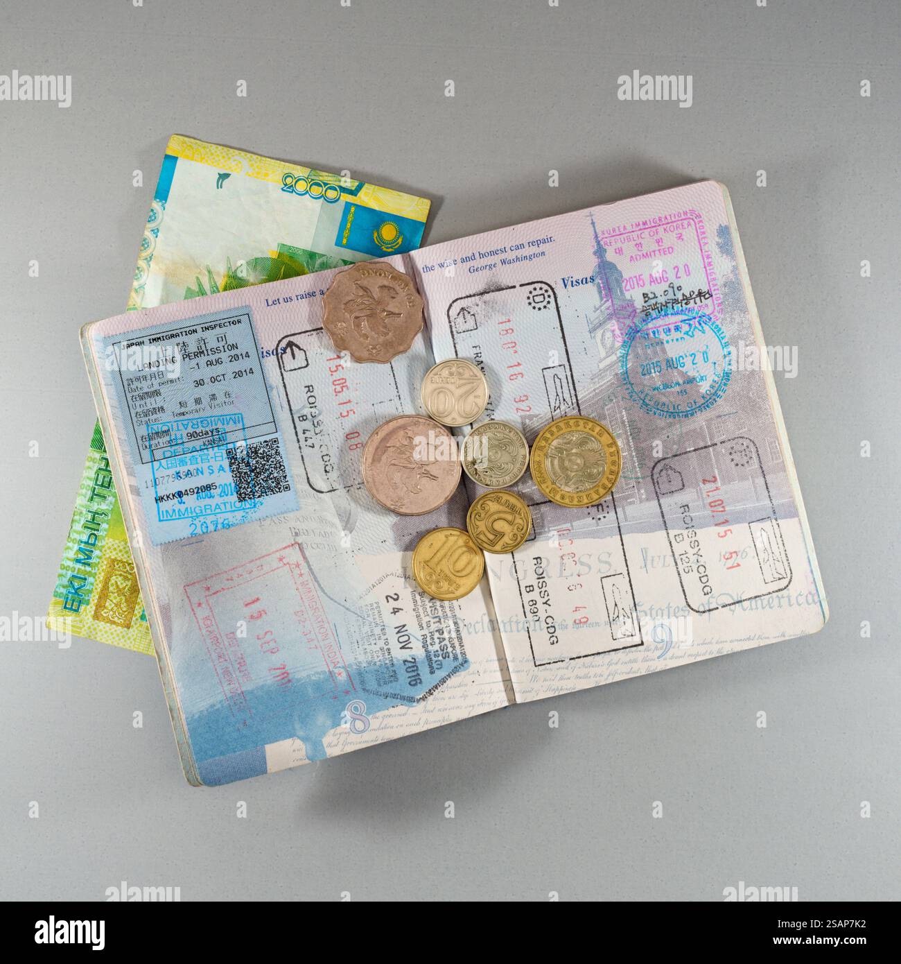 Multiple nations' money and passport page with visas and landing ...