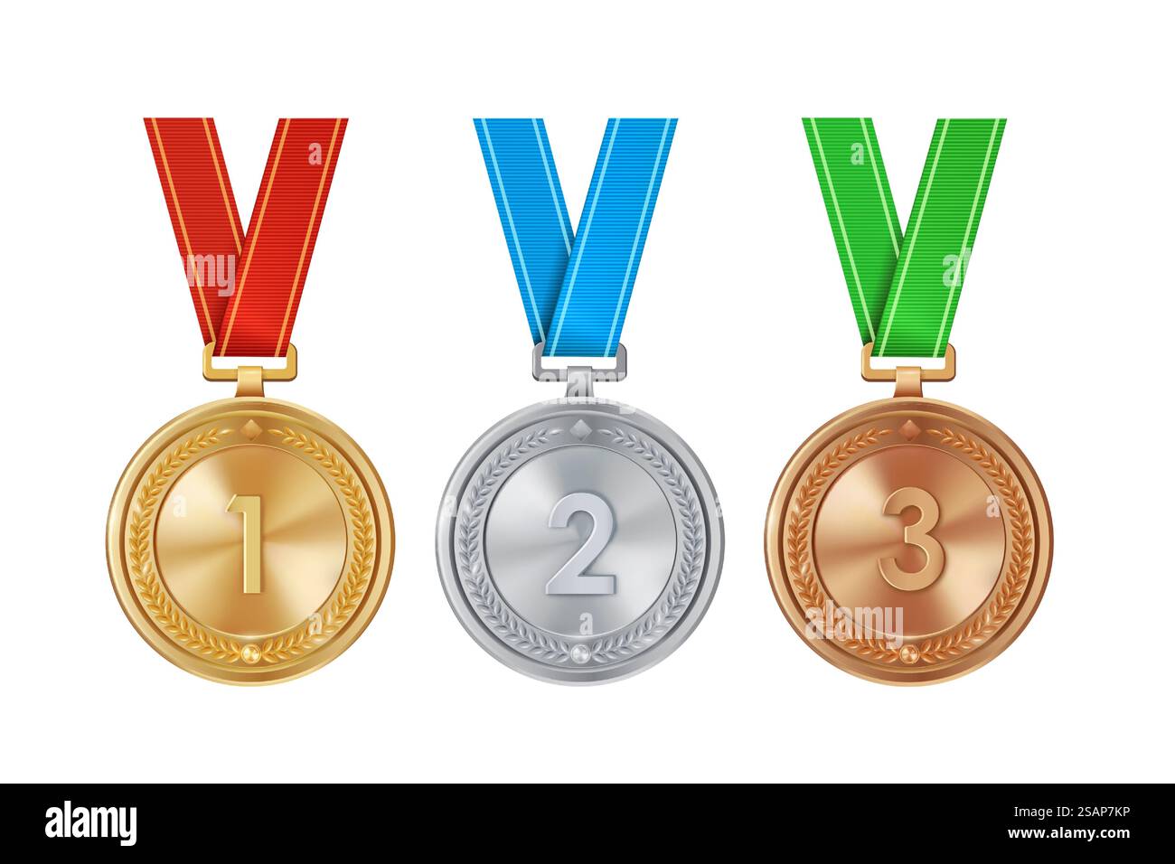 Realistic set of golden, silver, and bronze medals on colorful ribbons ...