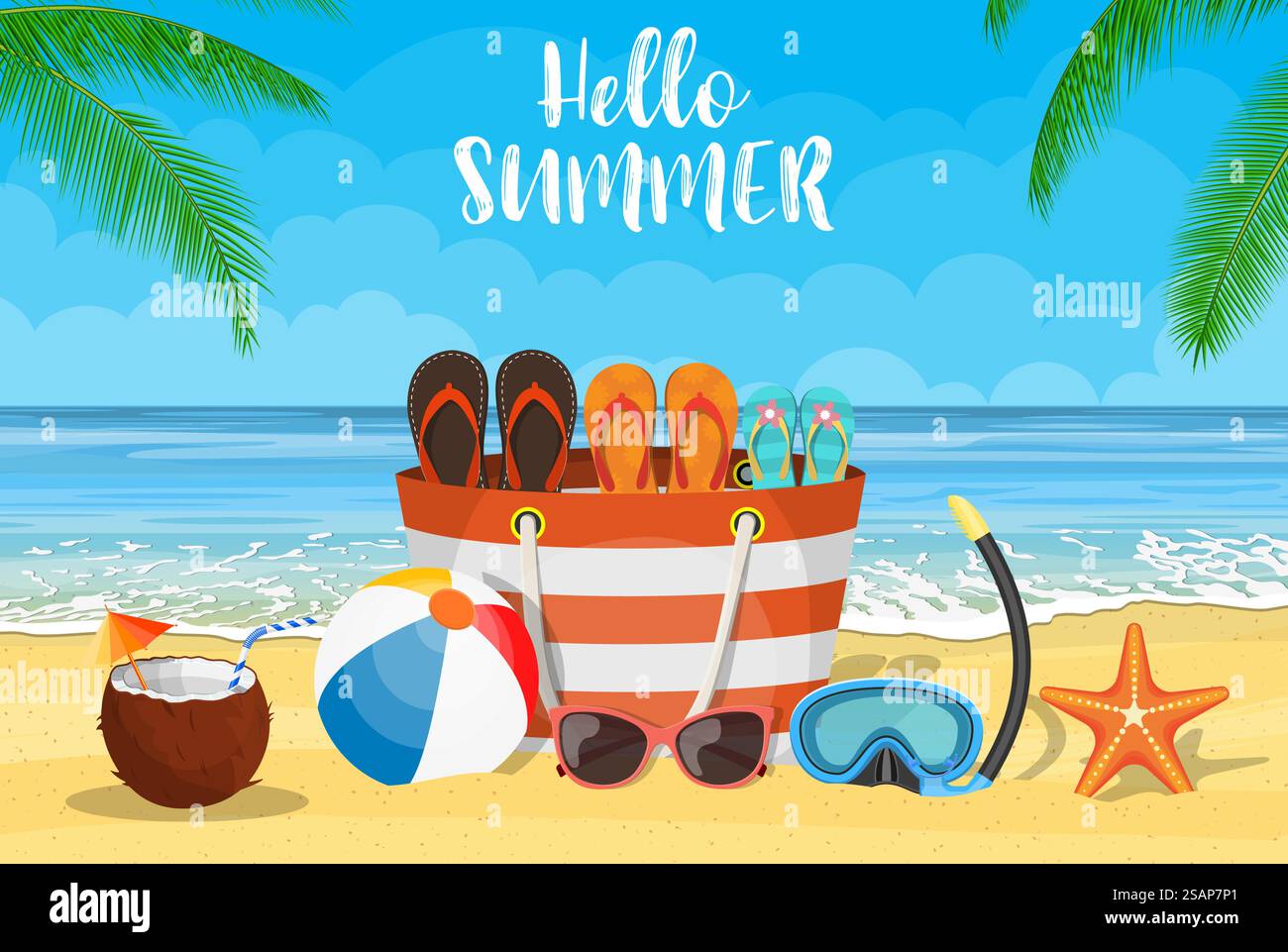 Sun, sparkling ocean and palms. Tropical background with beach bag, flip-flops, sunglasses ...