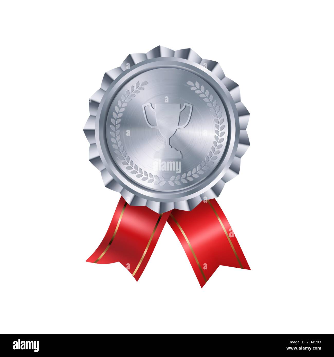Realistic silver award medal with red ribbons and engraved winner cup ...