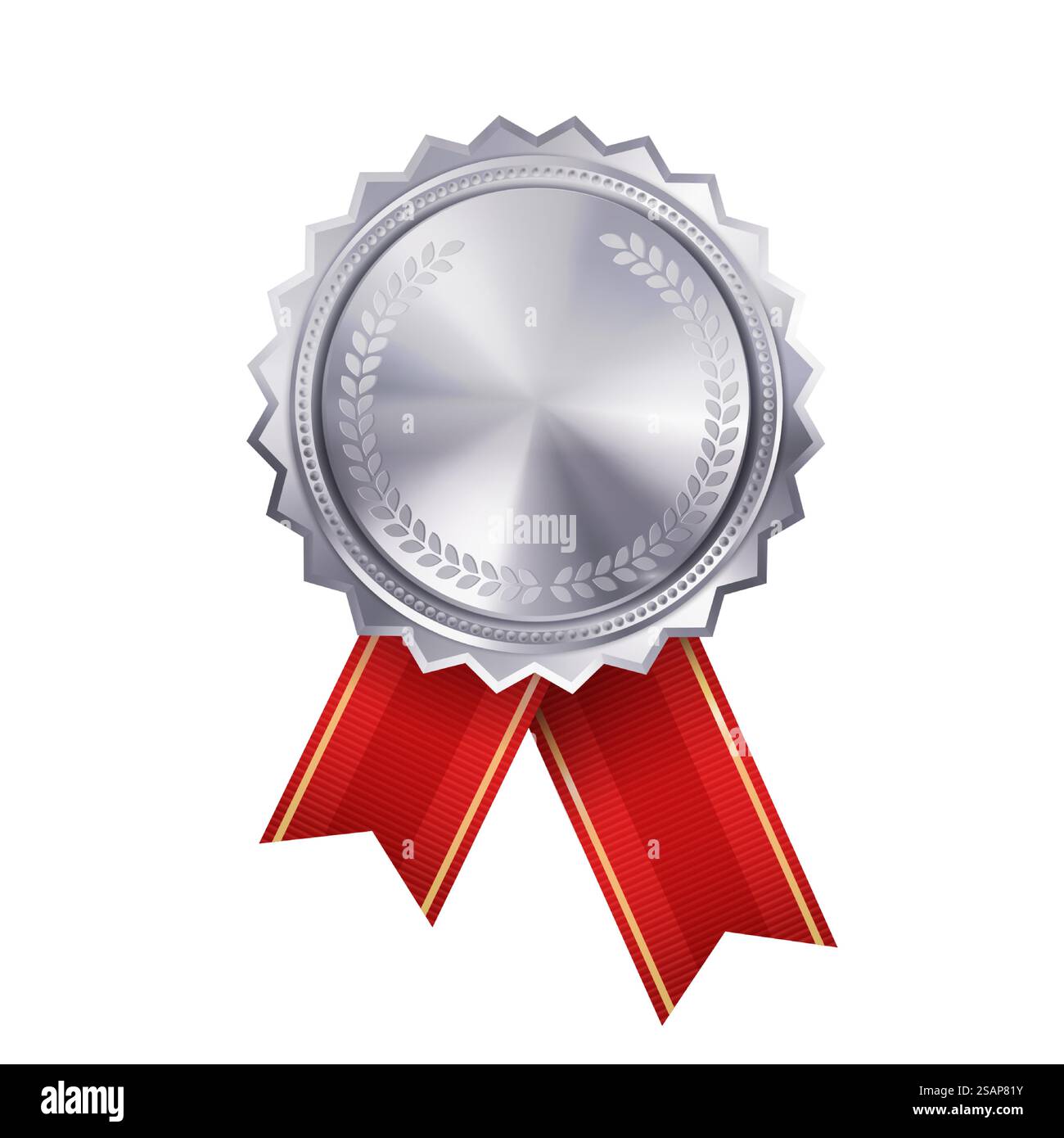Shiny realistic empty silver award medal with red ribbon rosettes on ...