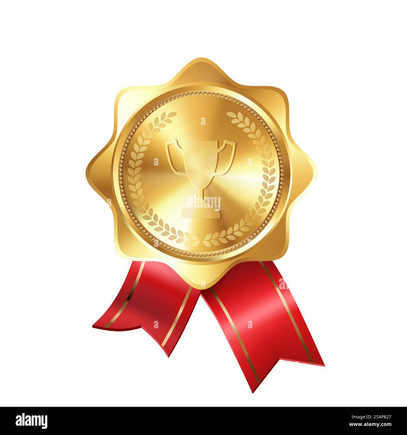 Realistic gold award medal with red ribbons and engraved winner’s cup ...