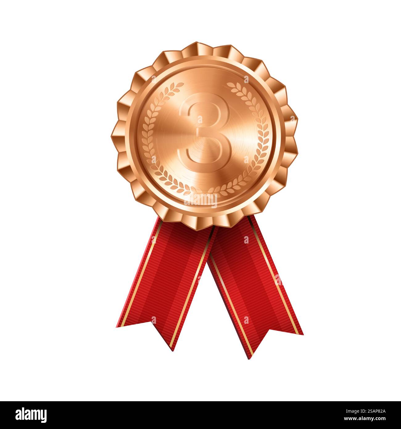 Realistic bronze award medal with red ribbons engraved number three ...