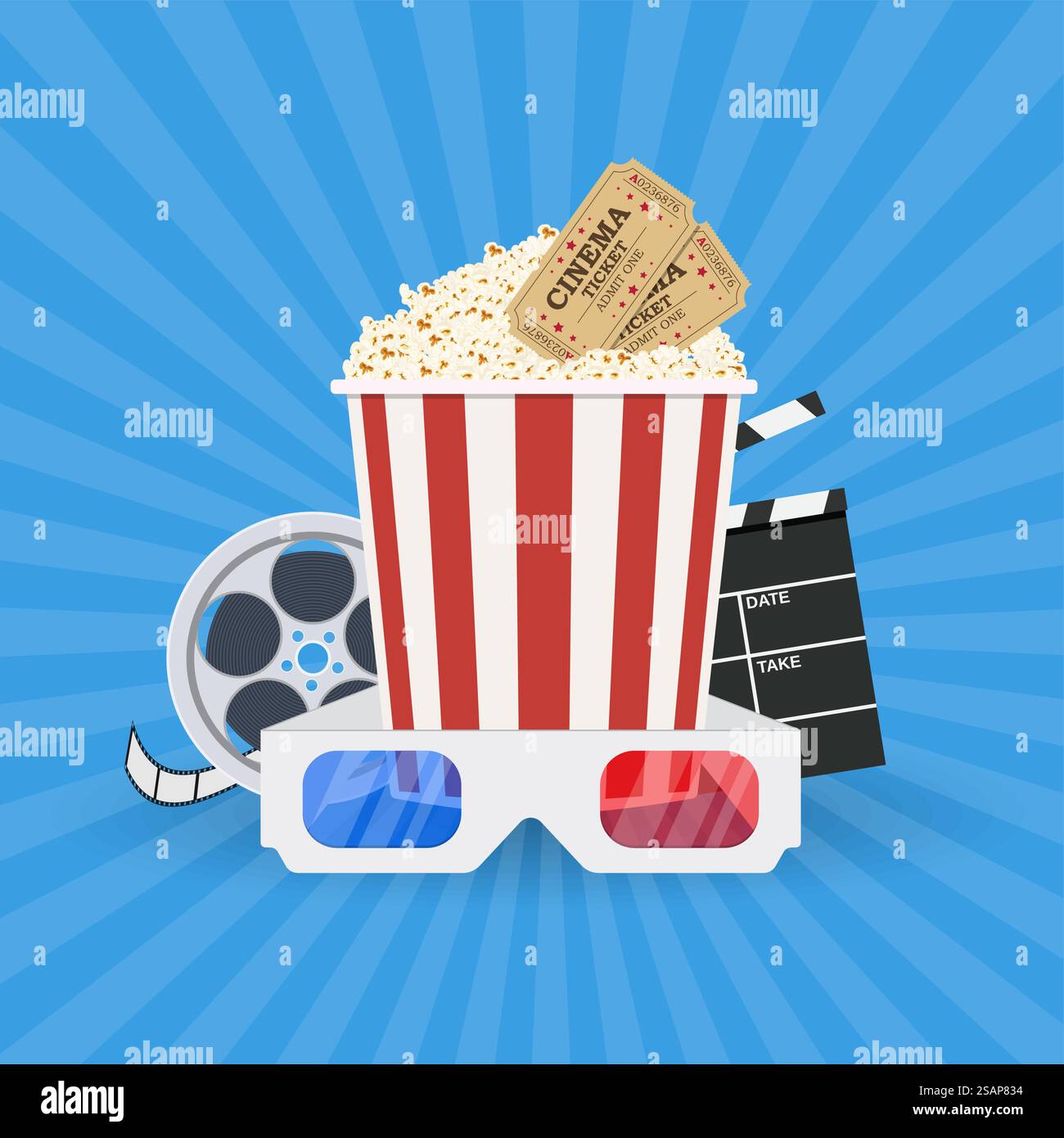 Cinema and Movie time concept with popcorn, 3D glasses and tickets. Vector illustration in flat ...