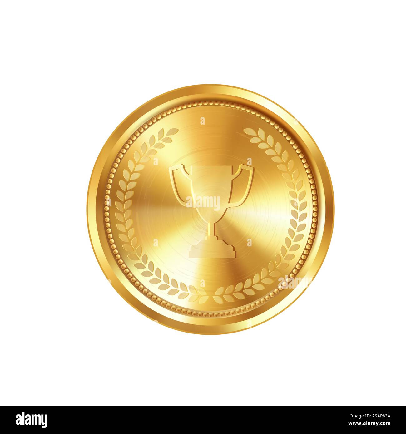 Realistic gold medal with engraved laurel wreath and winner cup ...