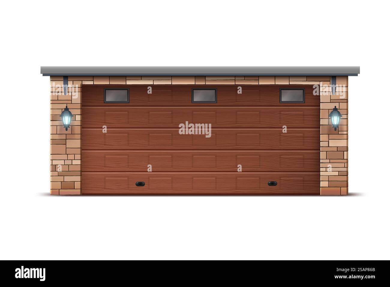 Closed wooden garage doors of a brick garage, presenting a classic and ...