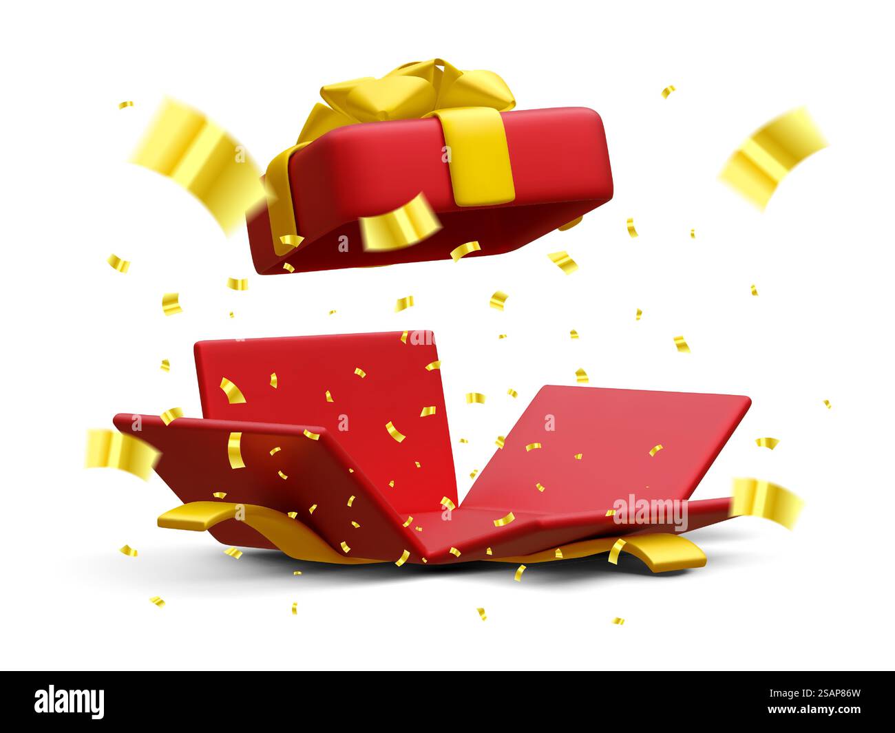 3d realistic open gift box and flying gold confetti on white background ...