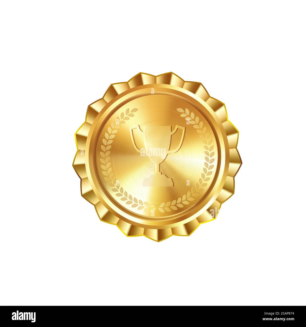 Realistic gold medal with engraved laurel wreath and winner cup ...