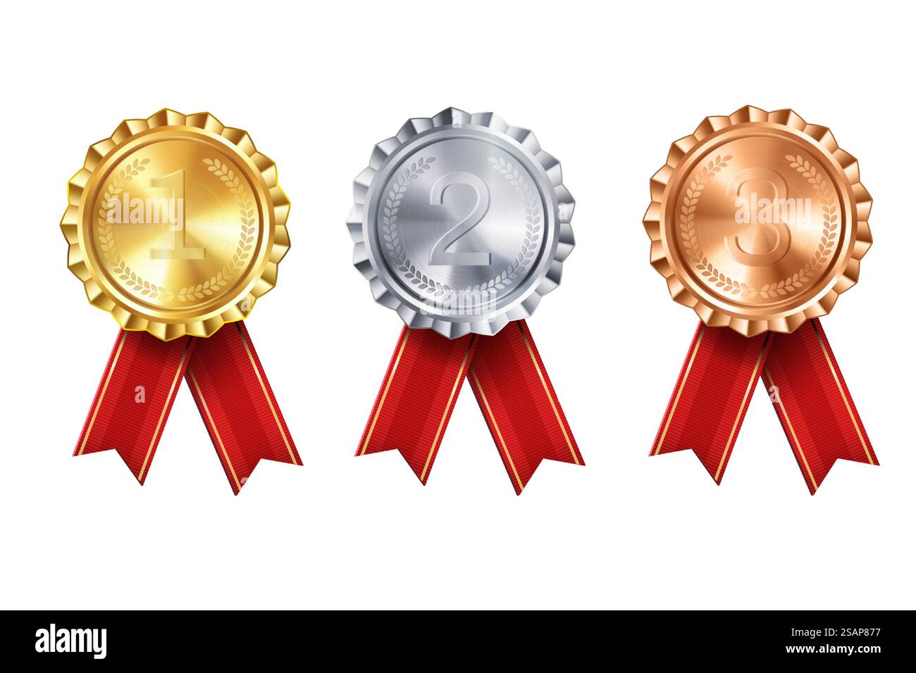 Realistic Collection of gold, silver, and bronze award medals with red ...