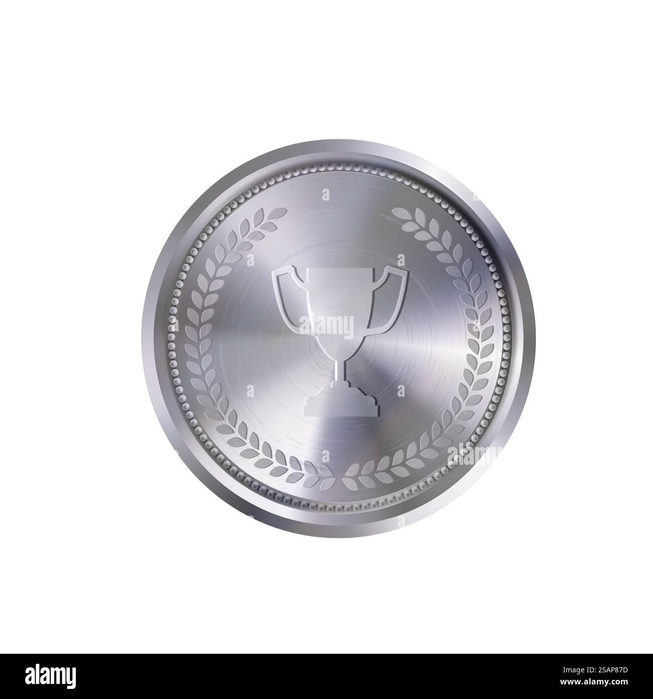 Realistic silver medal with engraved laurel wreath and winner cup ...