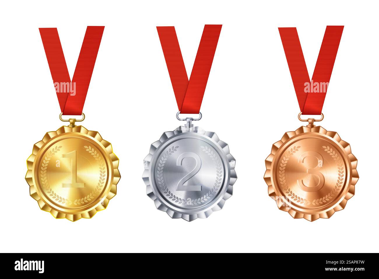 Realistic set of golden, silver, and bronze medals on red ribbons ...