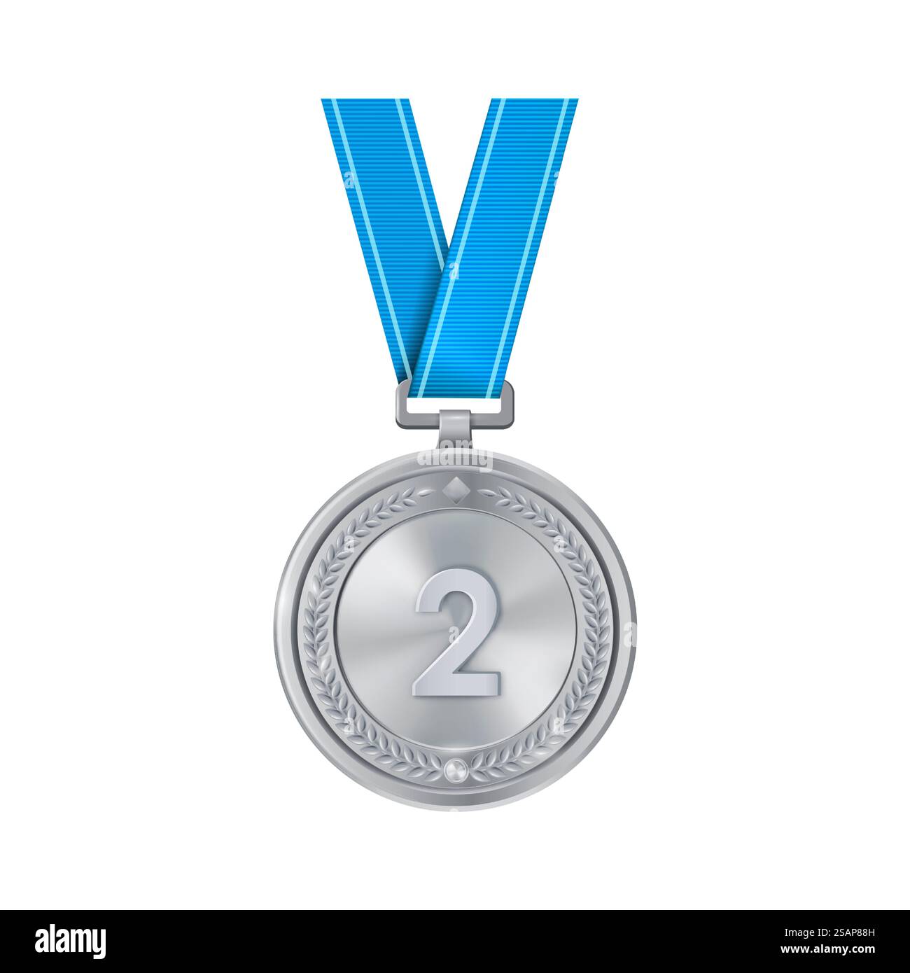 Realistic silver medal on blue ribbon with engraved number two. Sports ...