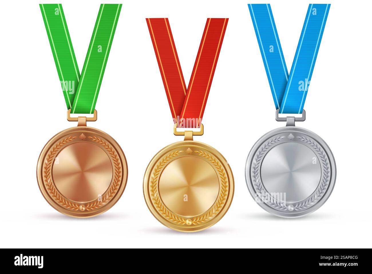 Set of realistic gold, silver, and bronze empty medals on colorful ...